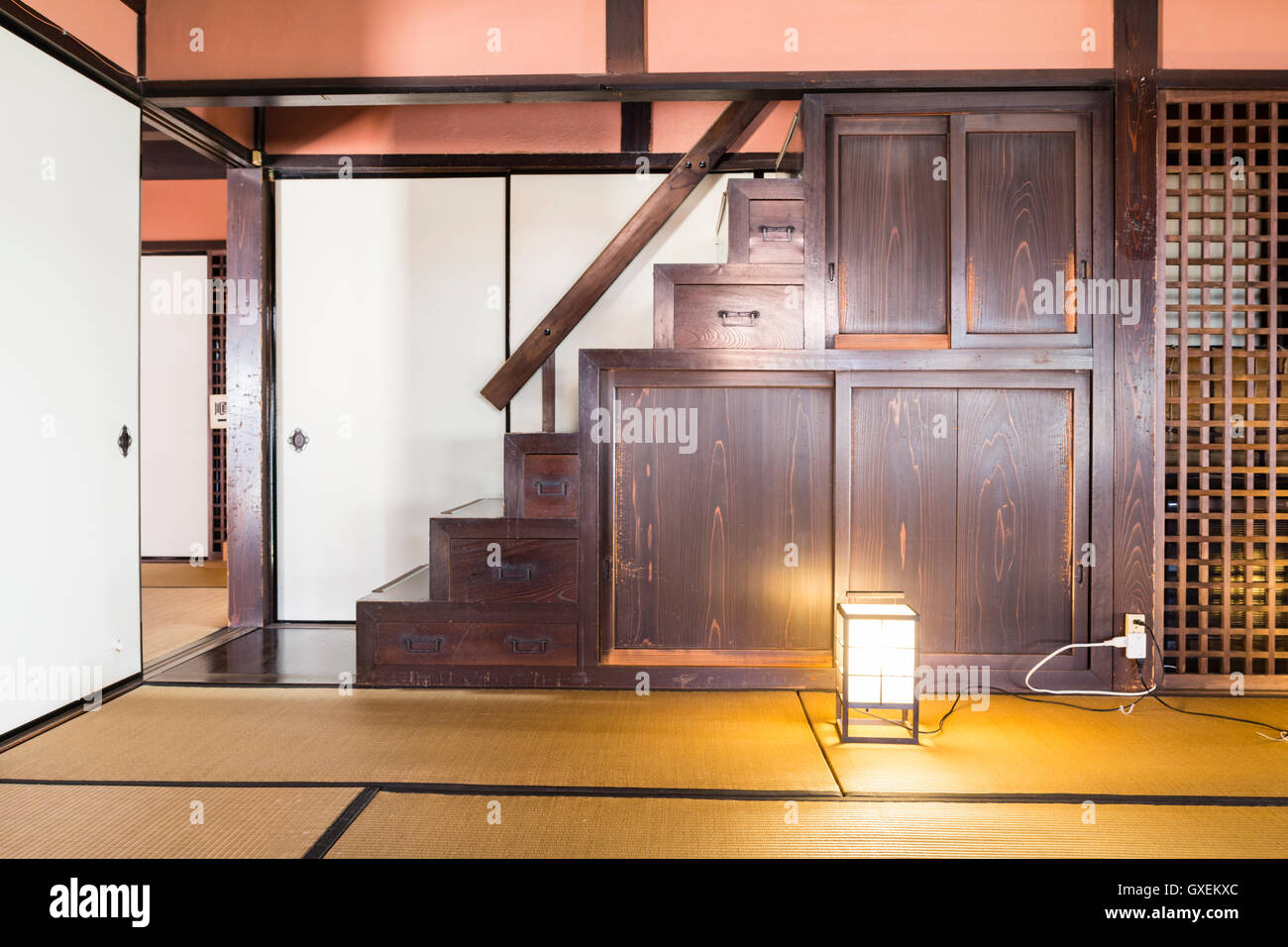 Japan, Izushi. Izushi Shiryokan museum, interior. Large tatami mat room ...