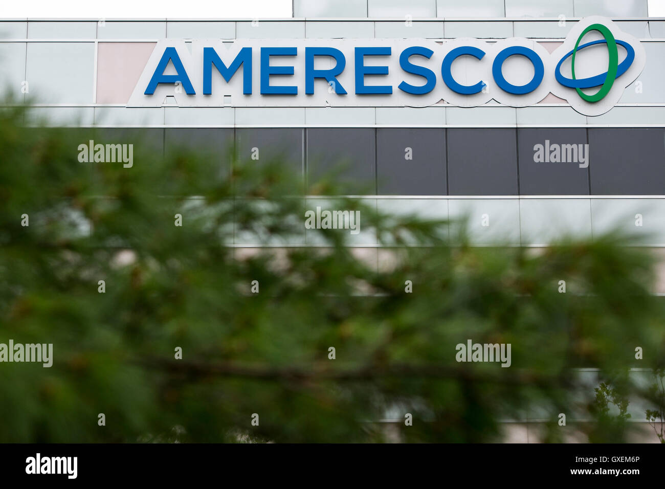 A logo sign outside of the headquarters of Ameresco, Inc., in Framingham, Massachusetts on ...