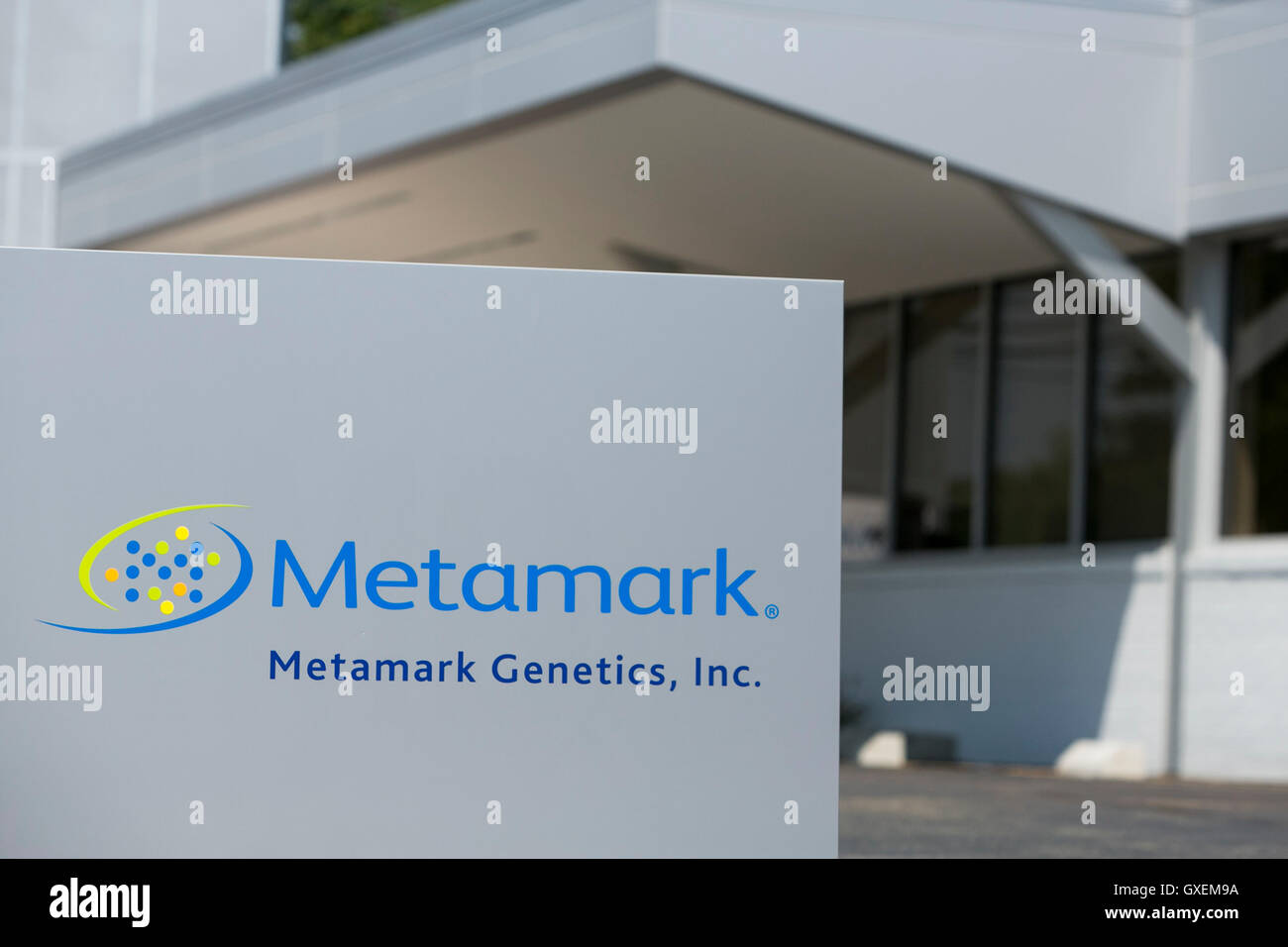 A logo sign outside of a facility occupied by Metamark Genetics in ...