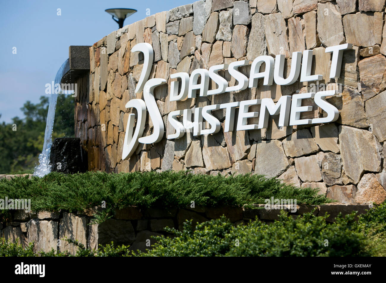 A logo sign outside of a facility occupied by Dassault Systèmes in ...