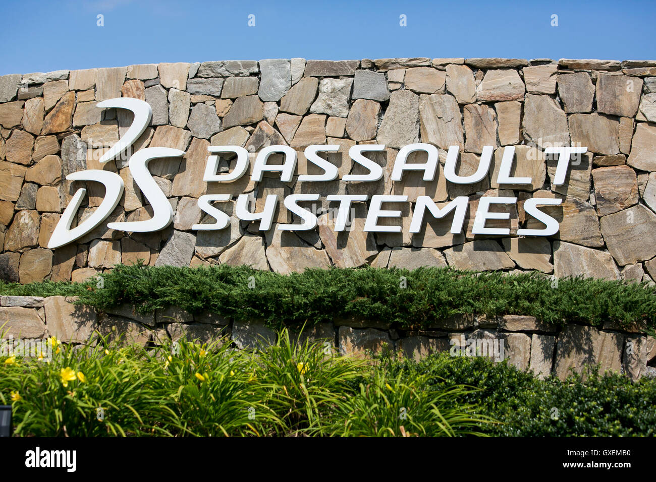 A logo sign outside of a facility occupied by Dassault Systèmes in ...