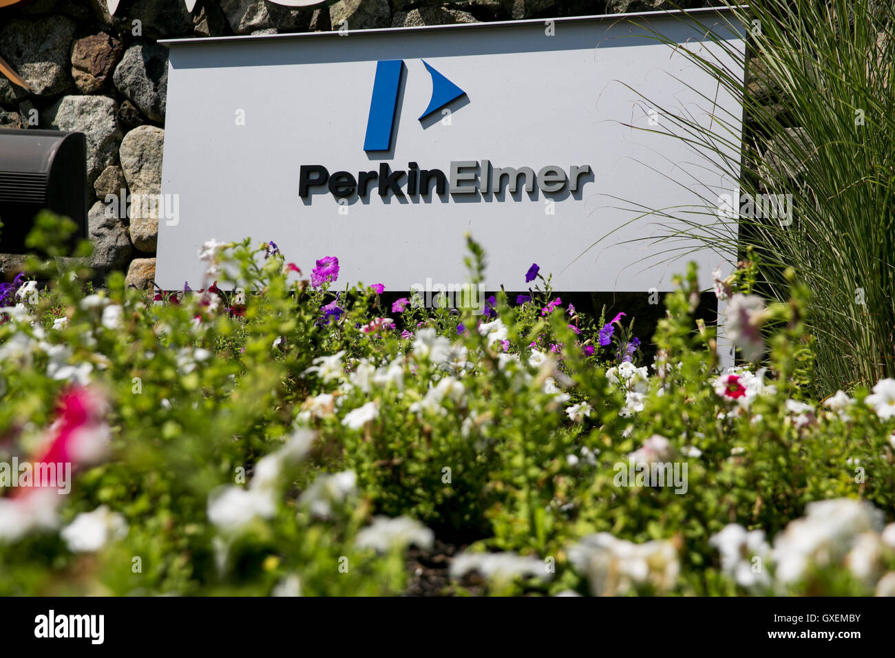 A logo sign outside of the headquarters of PerkinElmer, Inc., in ...