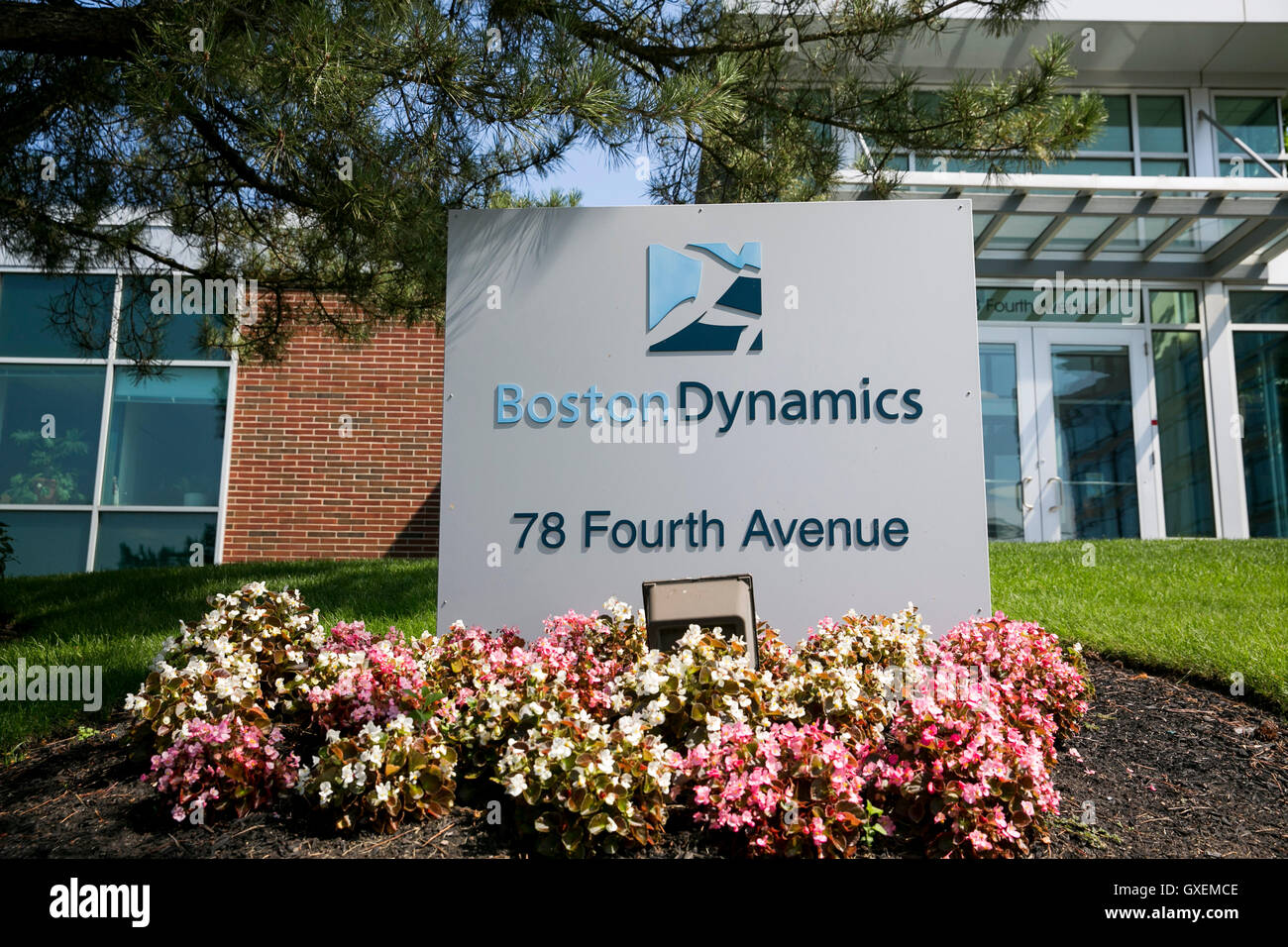 A logo sign outside of the headquarters of Boston Dynamics in Waltham ...