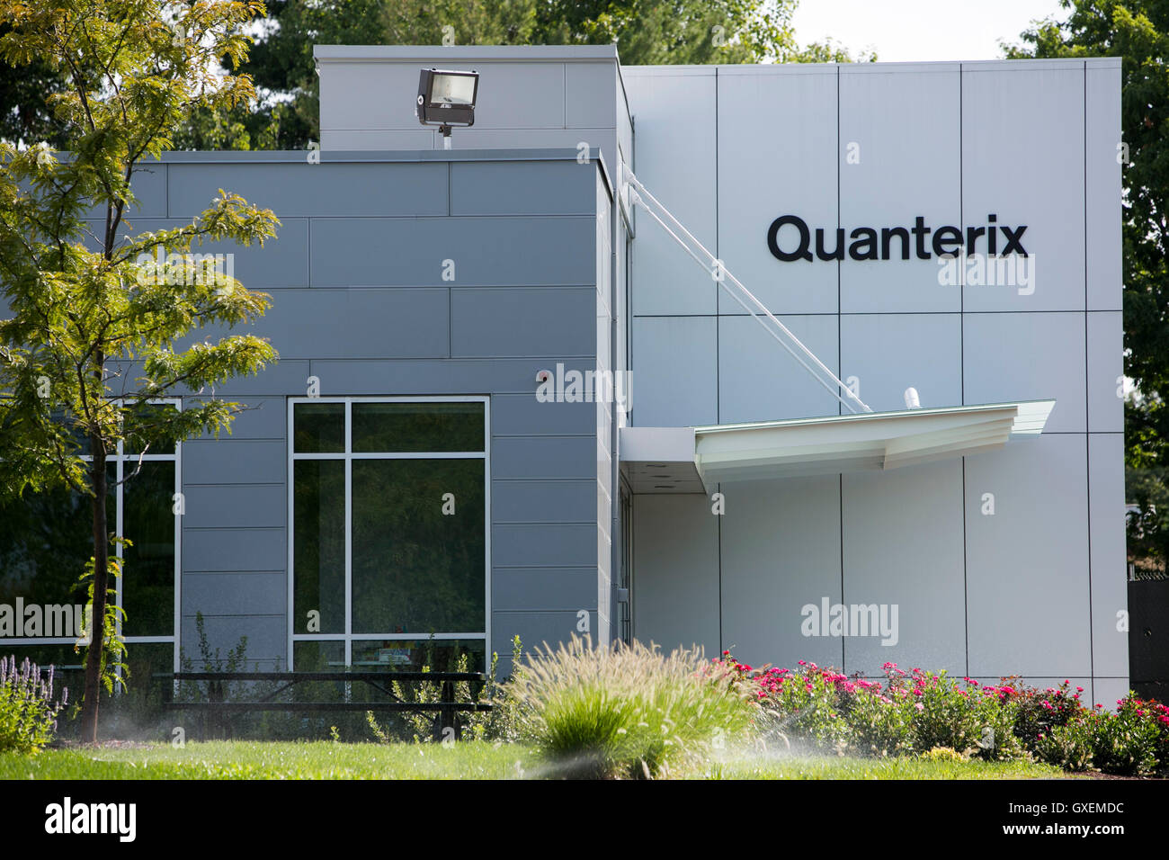 A logo sign outside of the headquarters of the Quanterix Corporation in ...