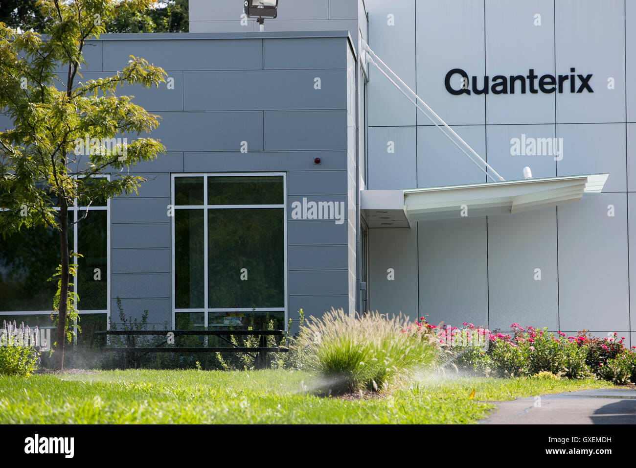 A logo sign outside of the headquarters of the Quanterix Corporation in ...