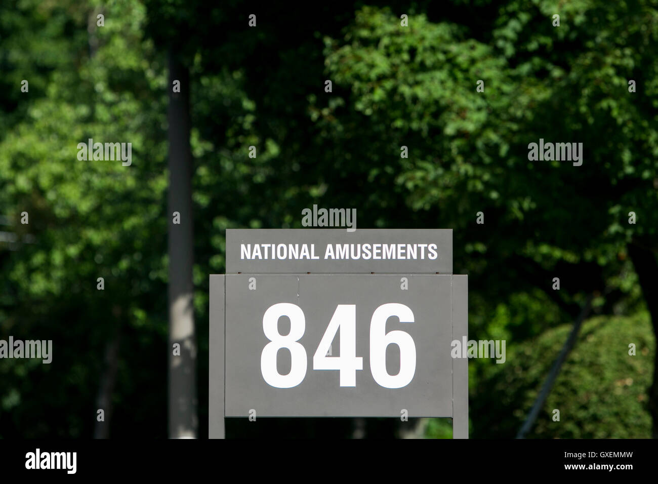 A logo sign outside of the headquarters of National Amusements, Inc ...