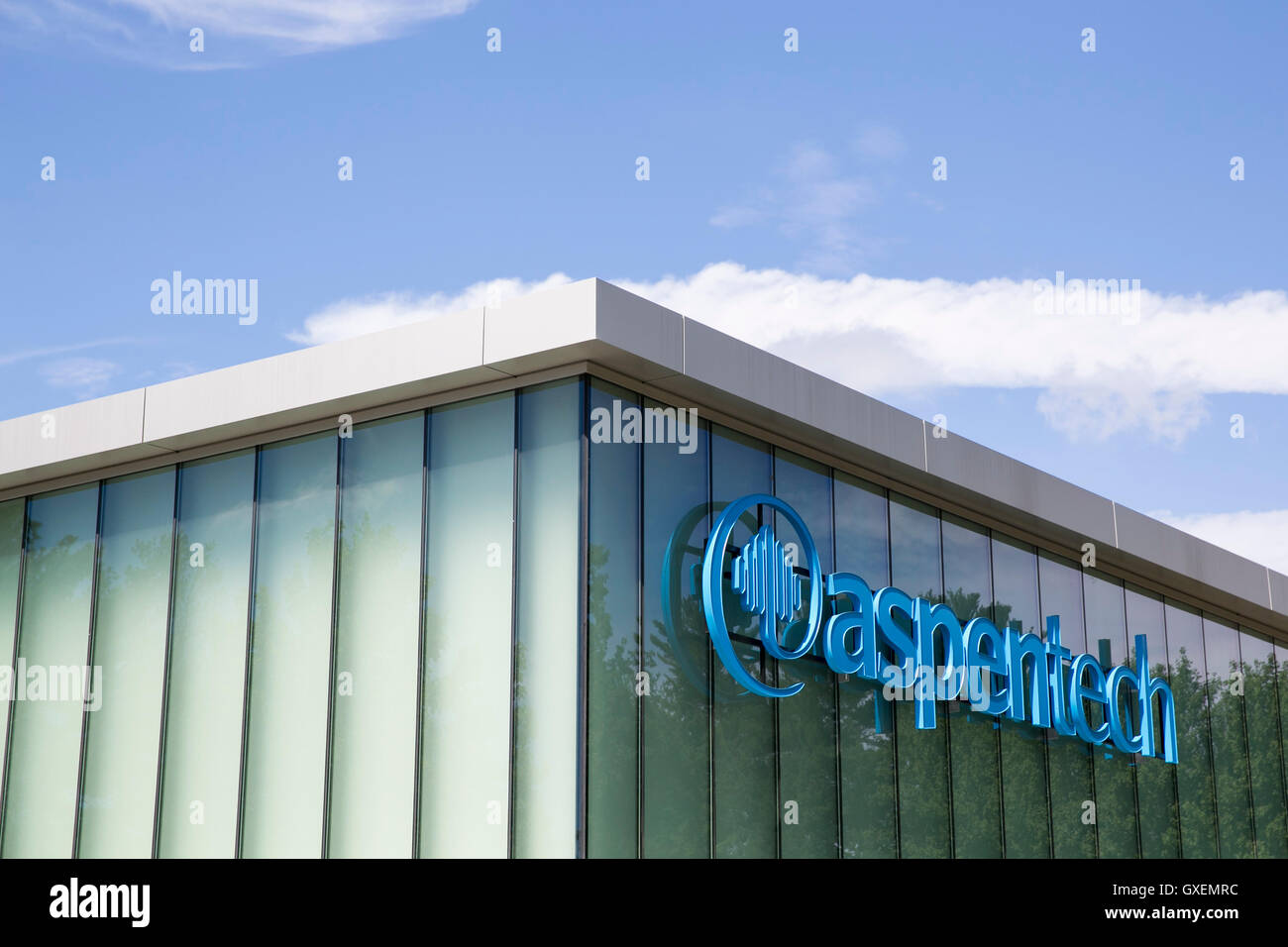 A logo sign outside of the headquarters of Aspen Technology, Inc., also ...
