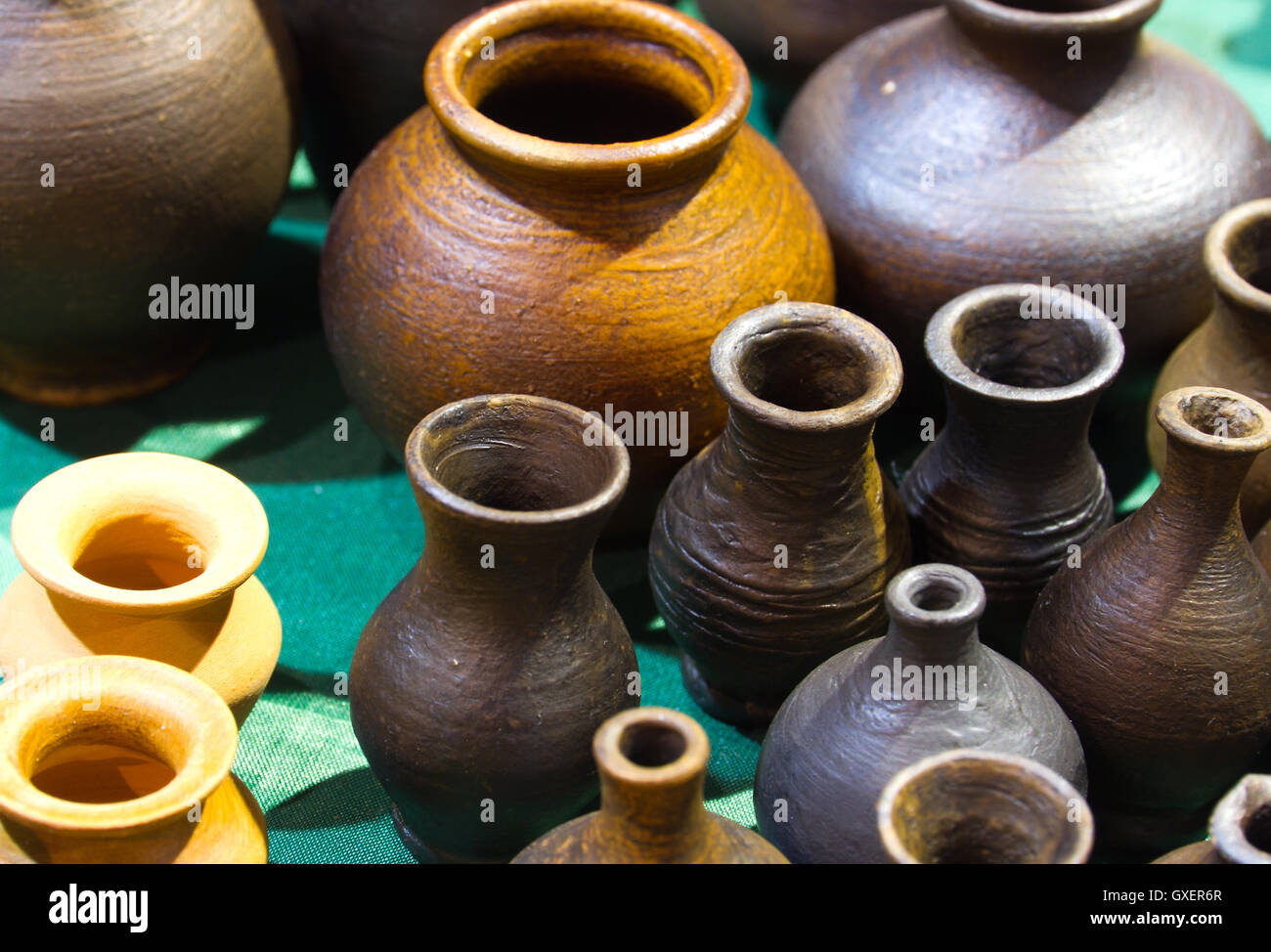 Handmade traditional russian ceramics (crockery, things, ware, jugs ...