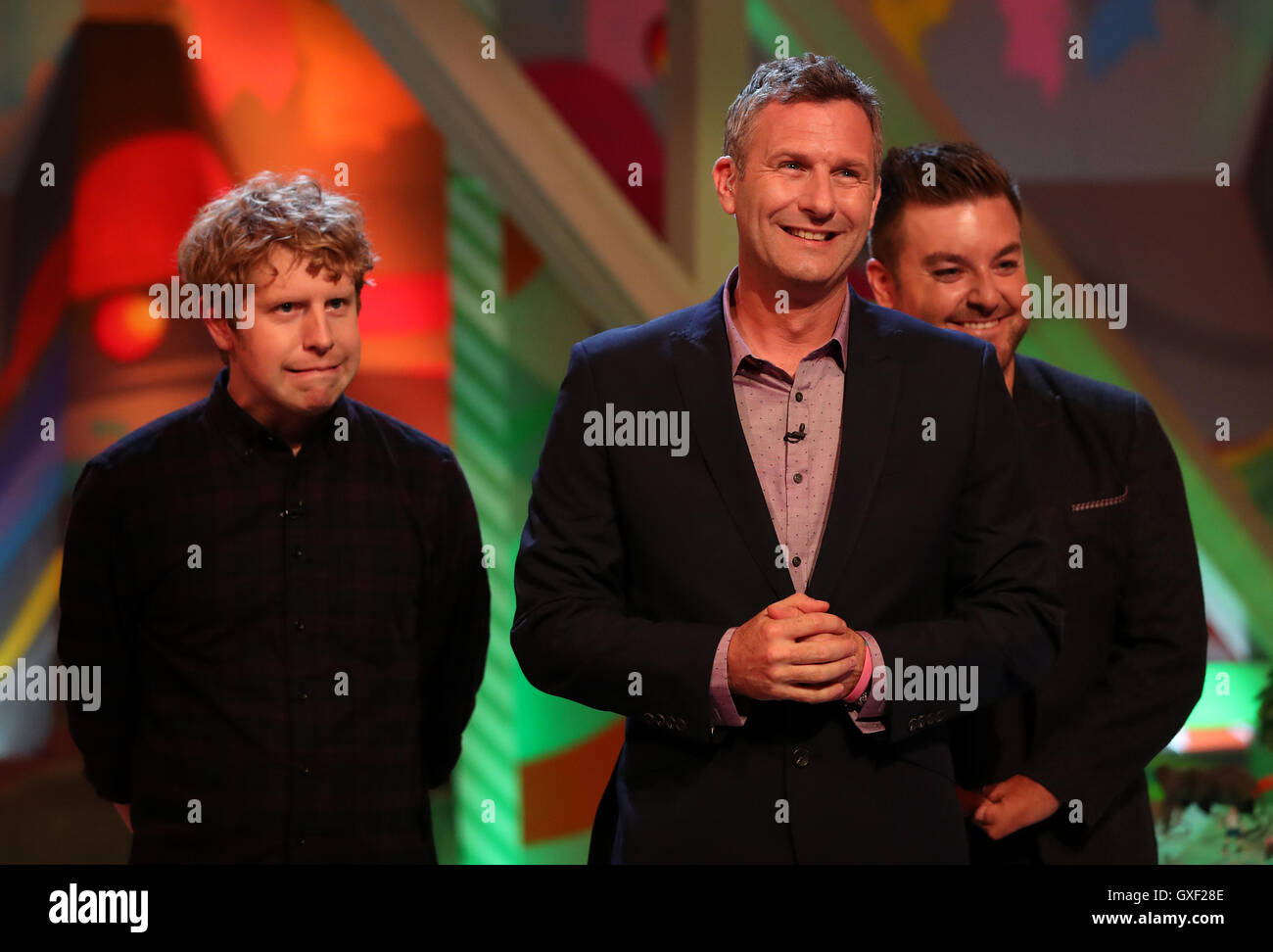 Josh Widdicombe, Adam Hills and Alex Brooker in the studio during a ...