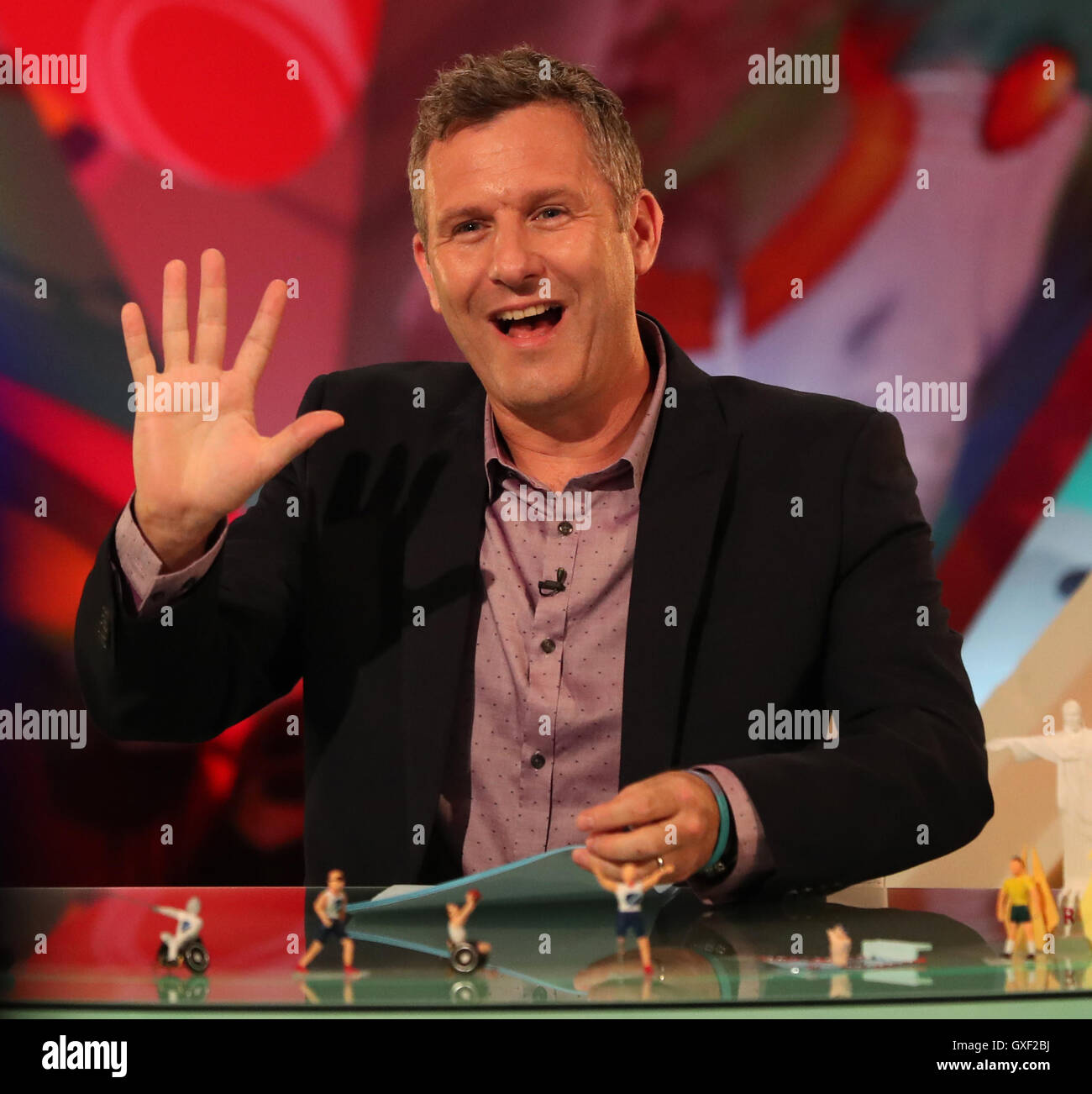 Adam Hills in the studio during a dress rehearsal for television show ...