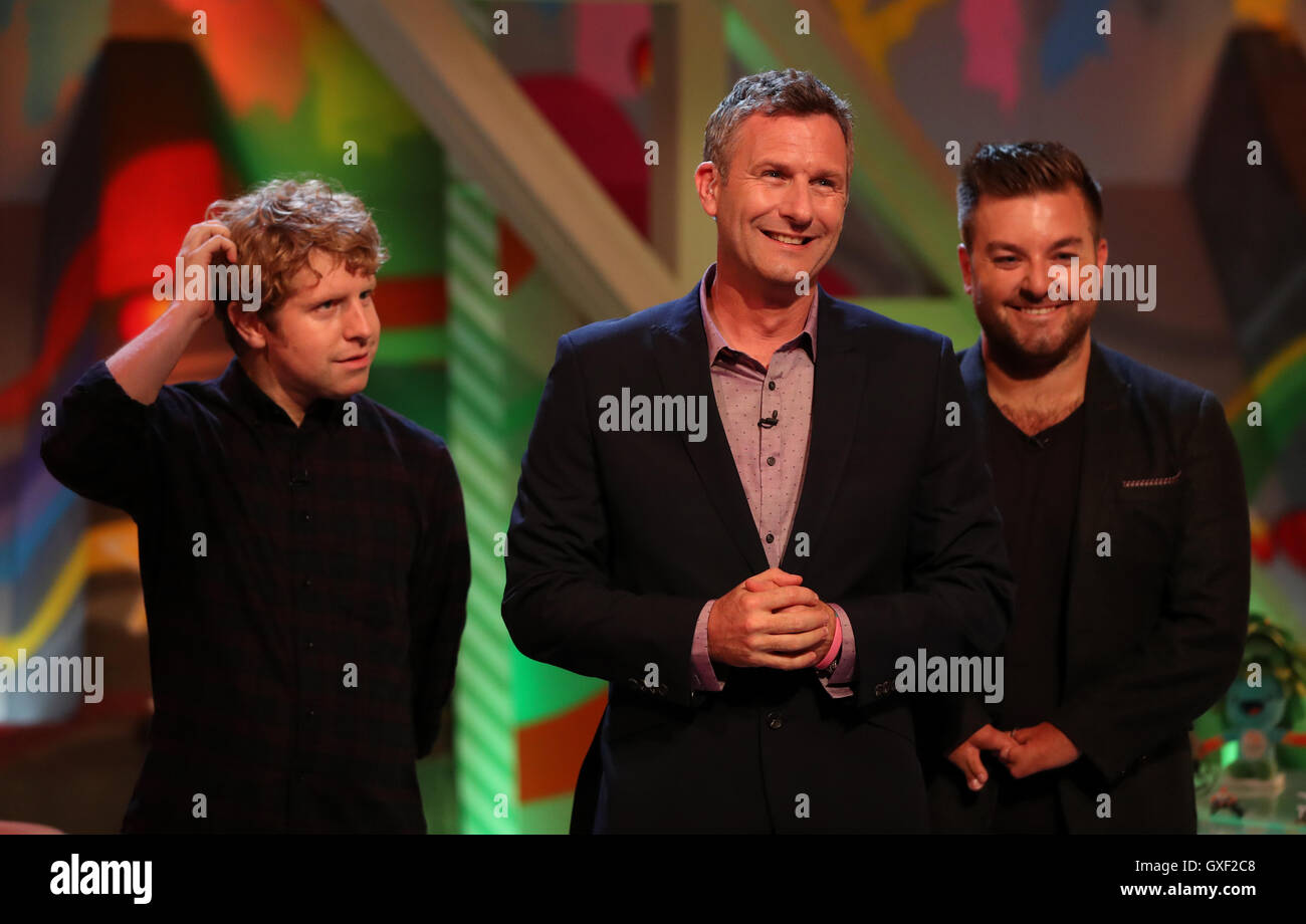 Josh Widdicombe, Adam Hills and Alex Brooker in the studio during a ...