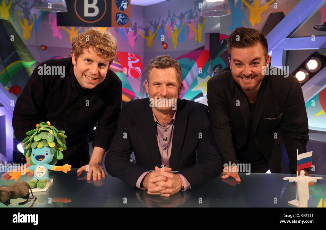 Josh Widdicombe, Adam Hills and Alex Brooker in the studio during a ...
