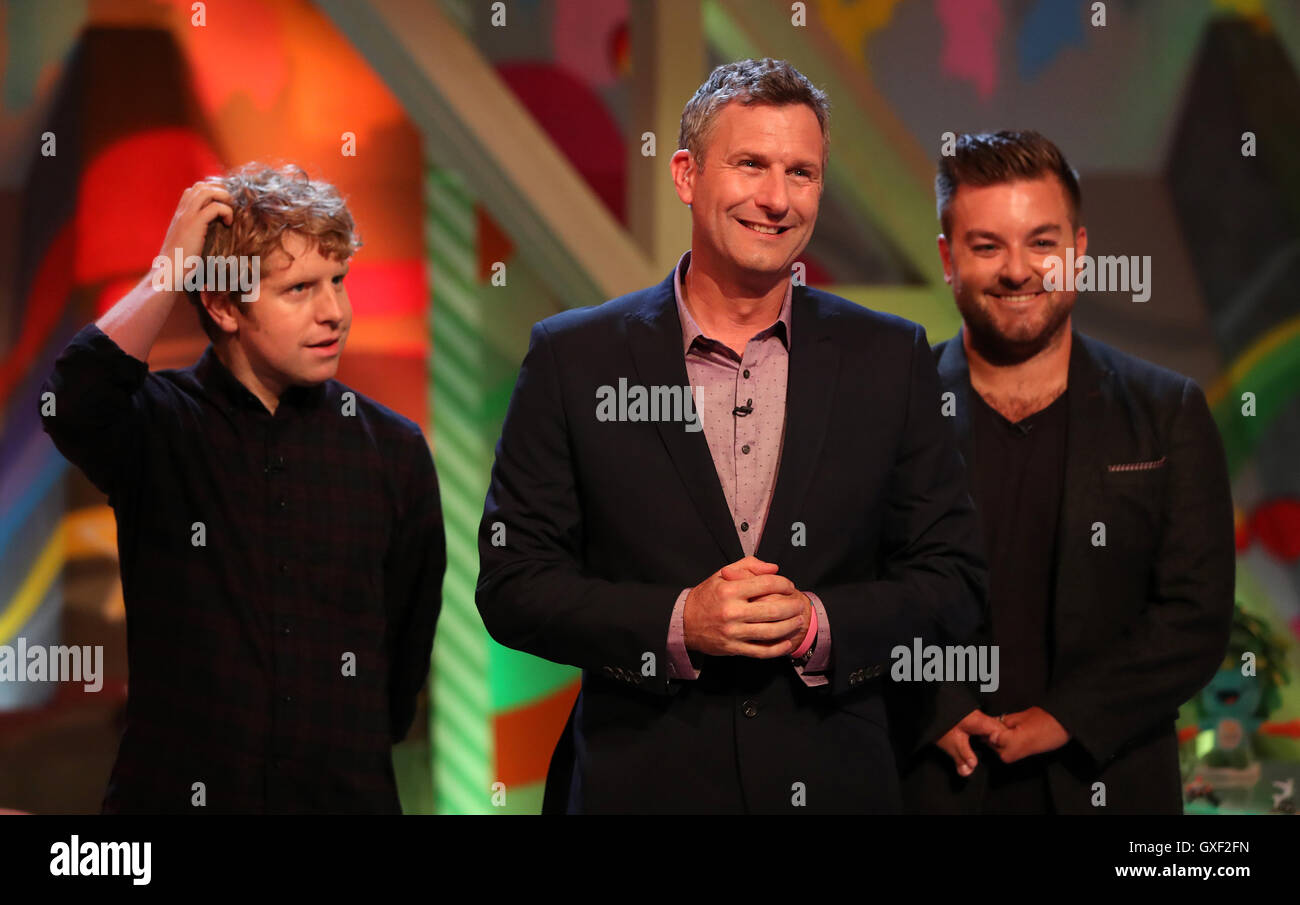 Josh Widdicombe, Adam Hills and Alex Brooker in the studio during a ...