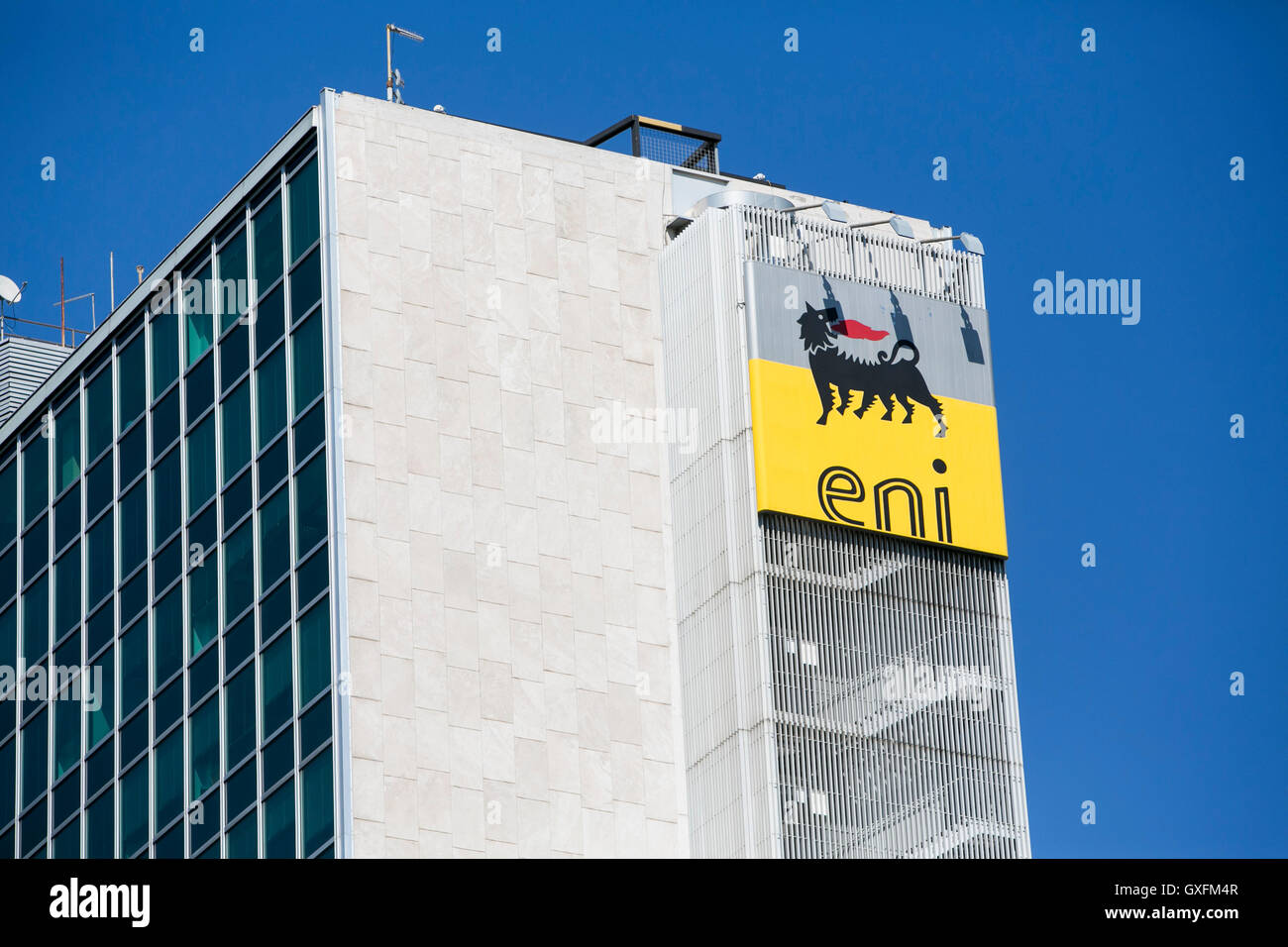 A logo sign outside of the headquarters of Eni S.p.A. in Rome, Italy on ...