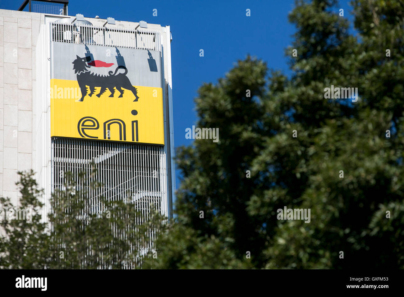 A logo sign outside of the headquarters of Eni S.p.A. in Rome, Italy on ...