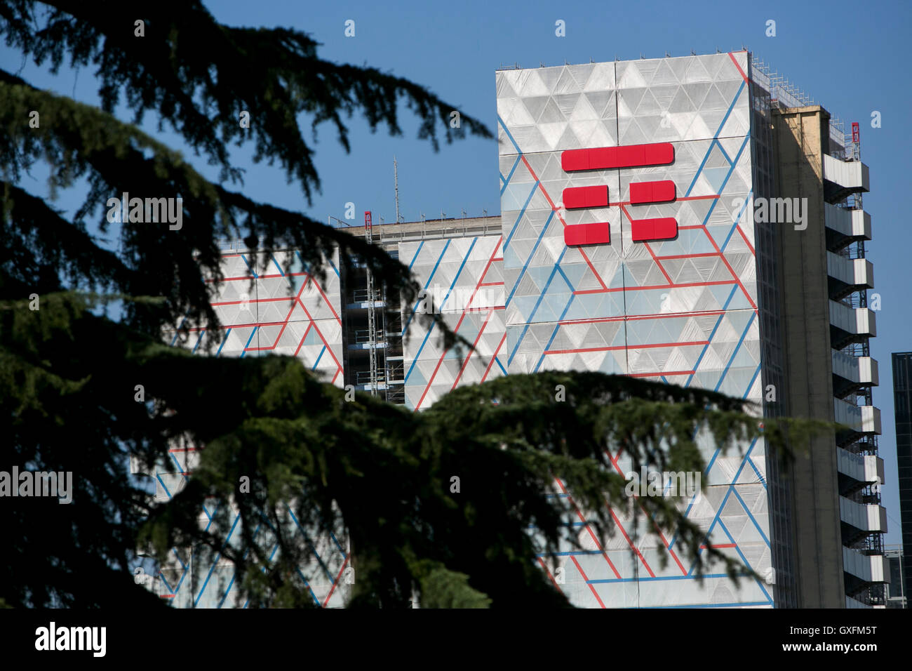 A logo sign outside of the future headquarters of Telecom Italia (TIM ...