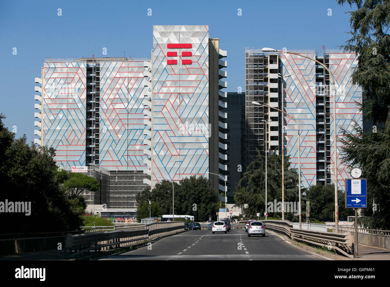 A logo sign outside of the future headquarters of Telecom Italia (TIM ...