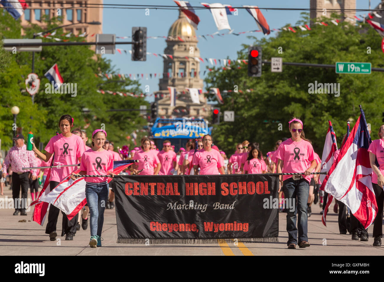A marching band during the Cheyenne Frontier Days parade past the state ...