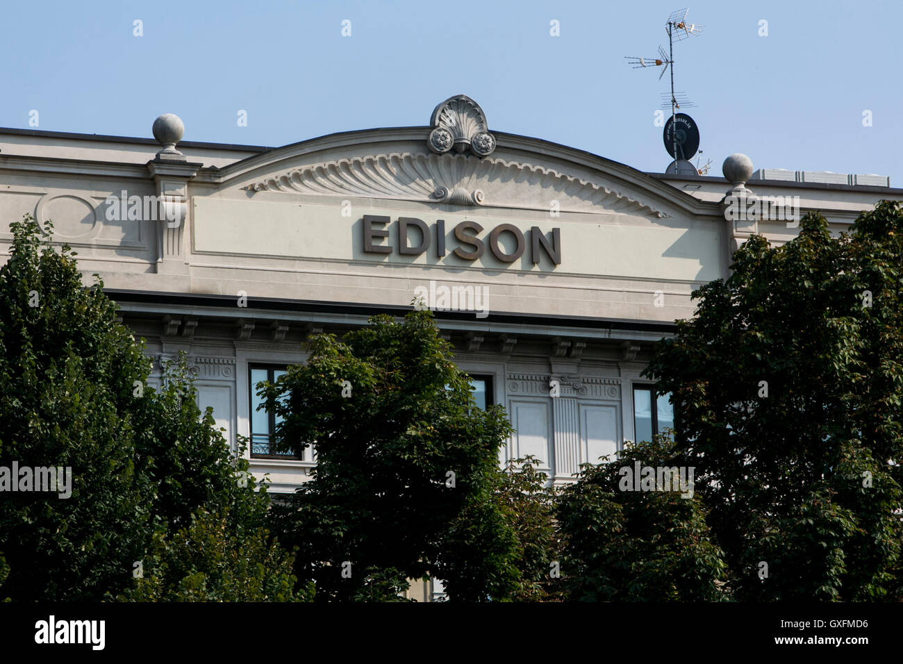 A logo sign outside of the headquarters of Edison S.p.A. in Milan ...