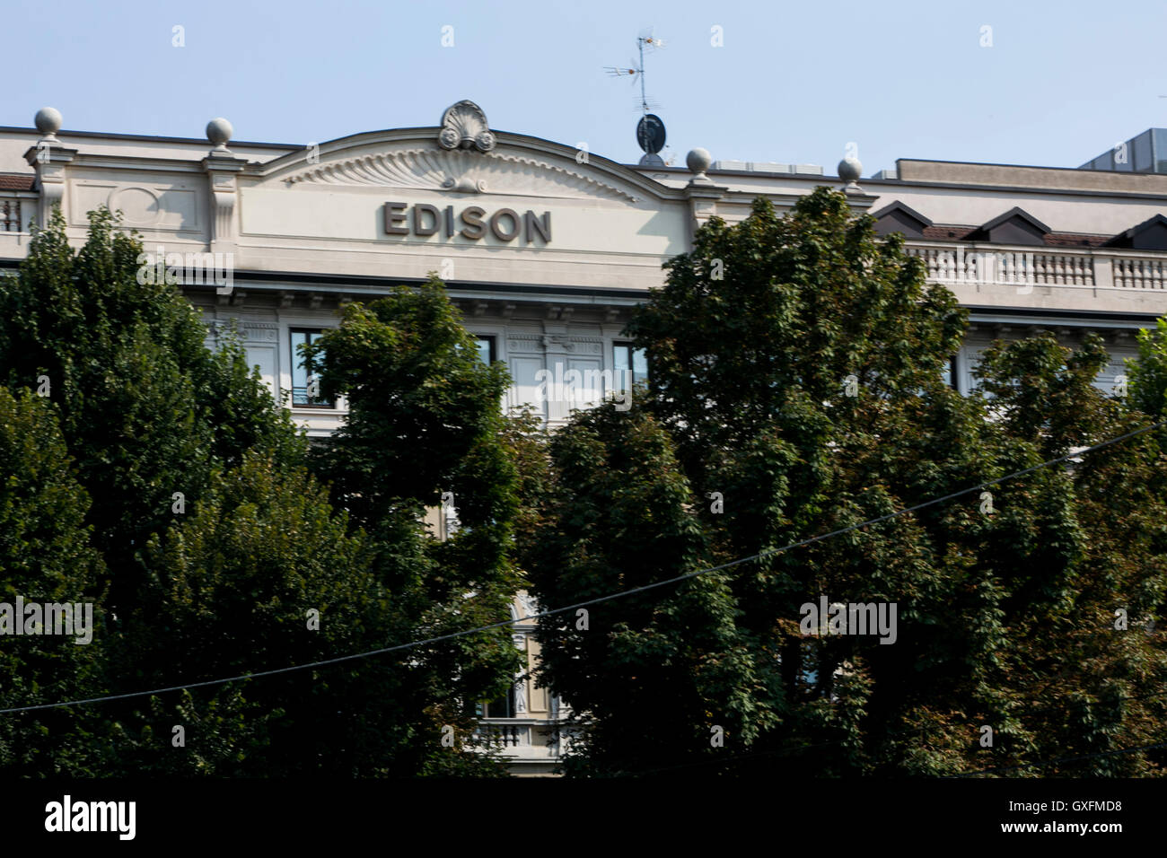 A logo sign outside of the headquarters of Edison S.p.A. in Milan ...