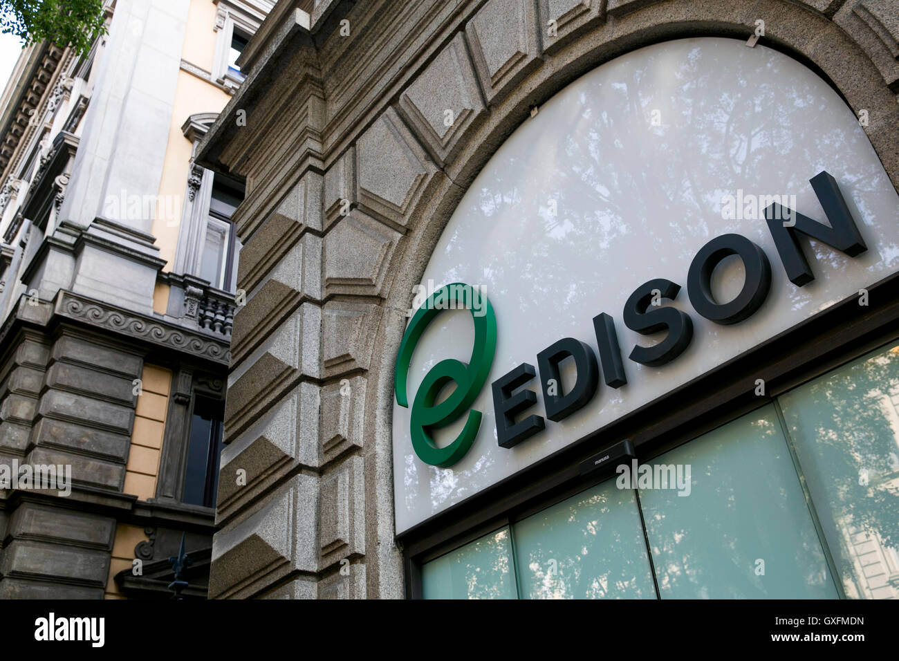 A logo sign outside of the headquarters of Edison S.p.A. in Milan ...