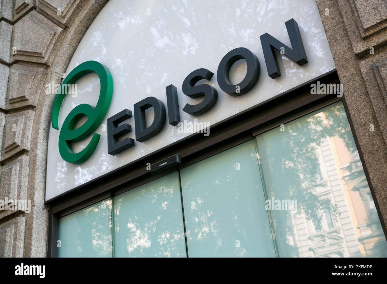 A logo sign outside of the headquarters of Edison S.p.A. in Milan ...