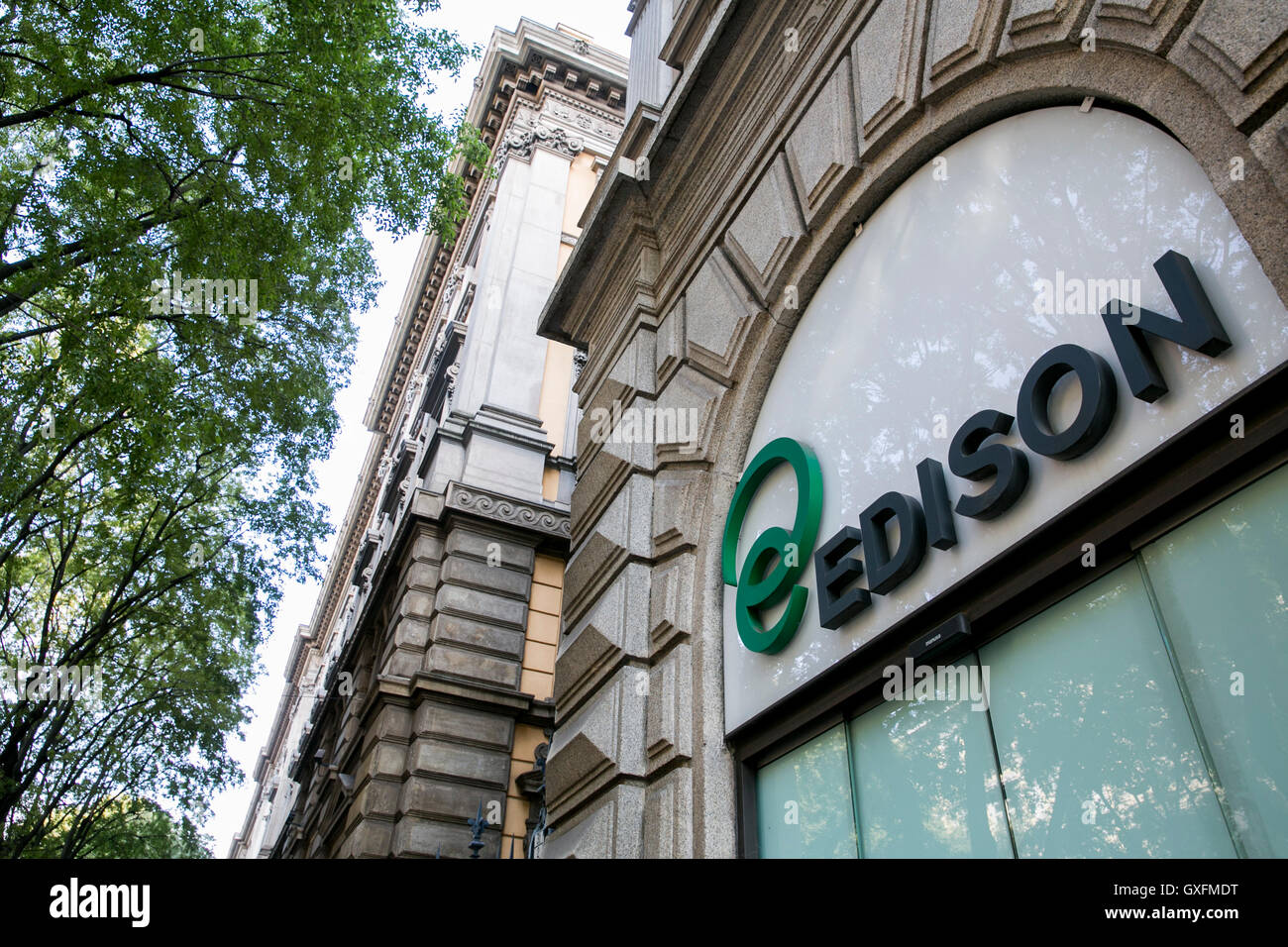 A logo sign outside of the headquarters of Edison S.p.A. in Milan ...