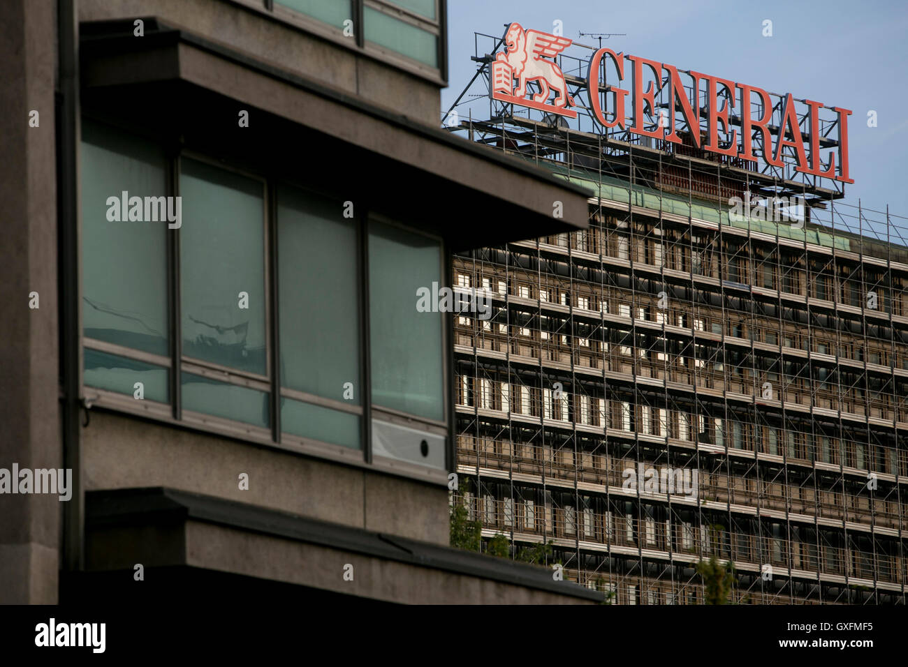 A logo sign outside of a facility occupied by the Generali Group in ...