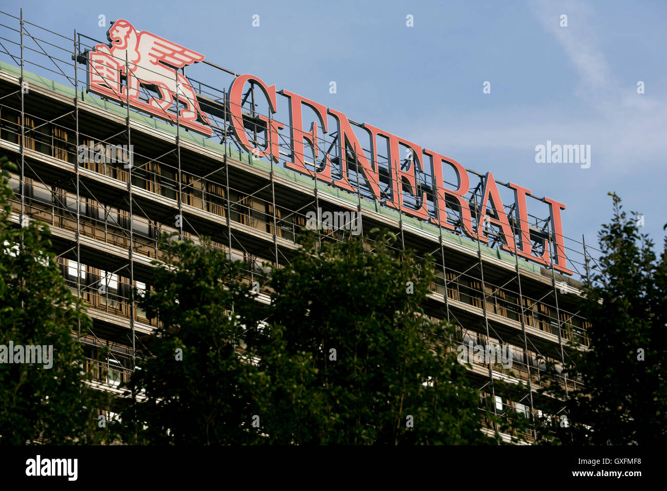 A logo sign outside of a facility occupied by the Generali Group in ...