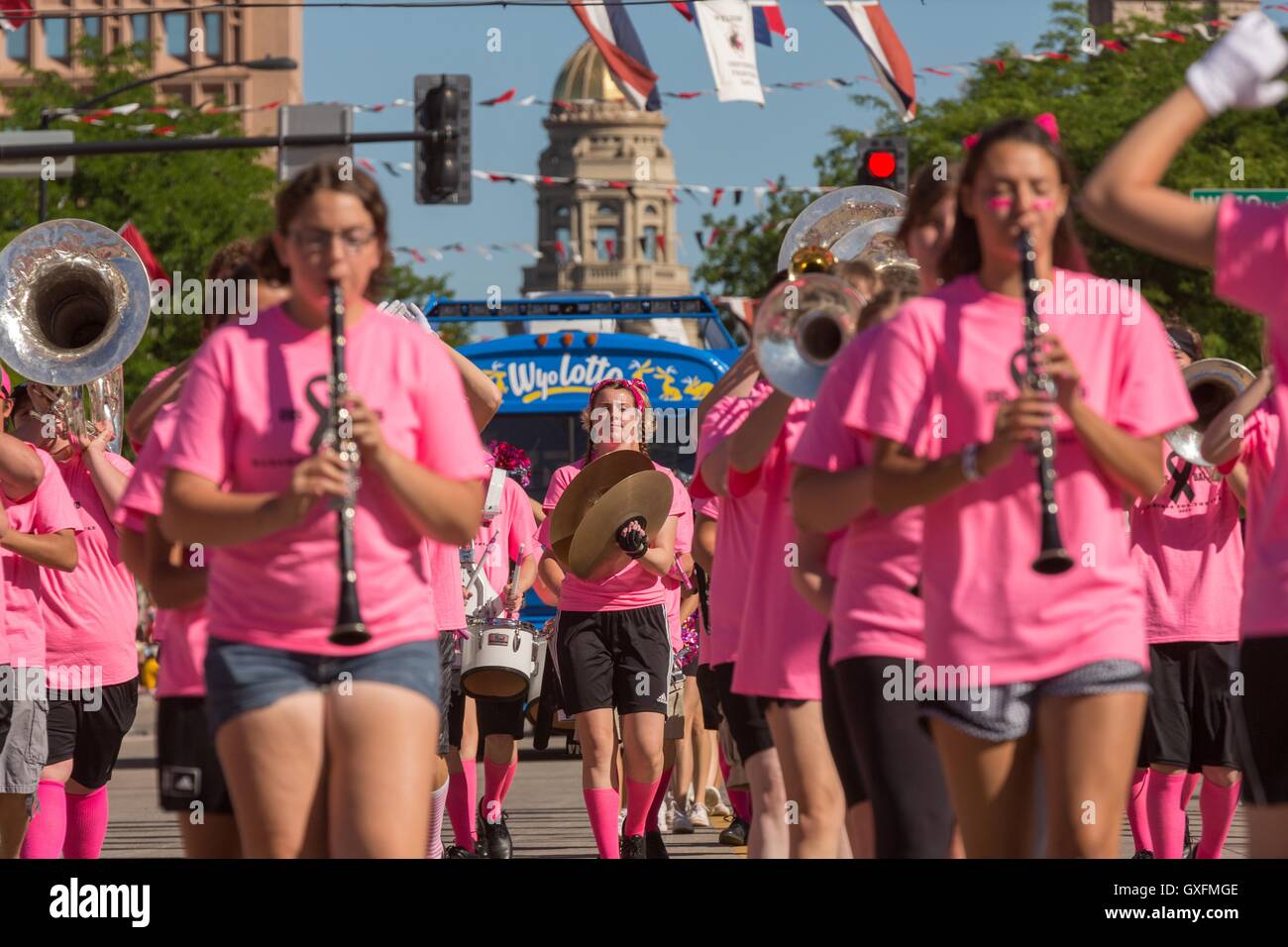 A marching band during the Cheyenne Frontier Days parade past the state ...