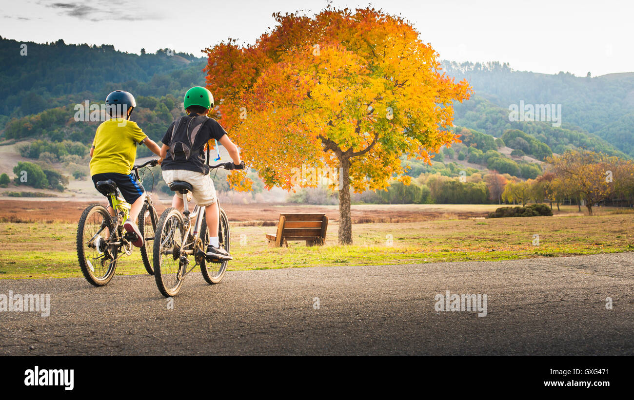 Mixed Race boys bike riding in park Stock Photo - Alamy