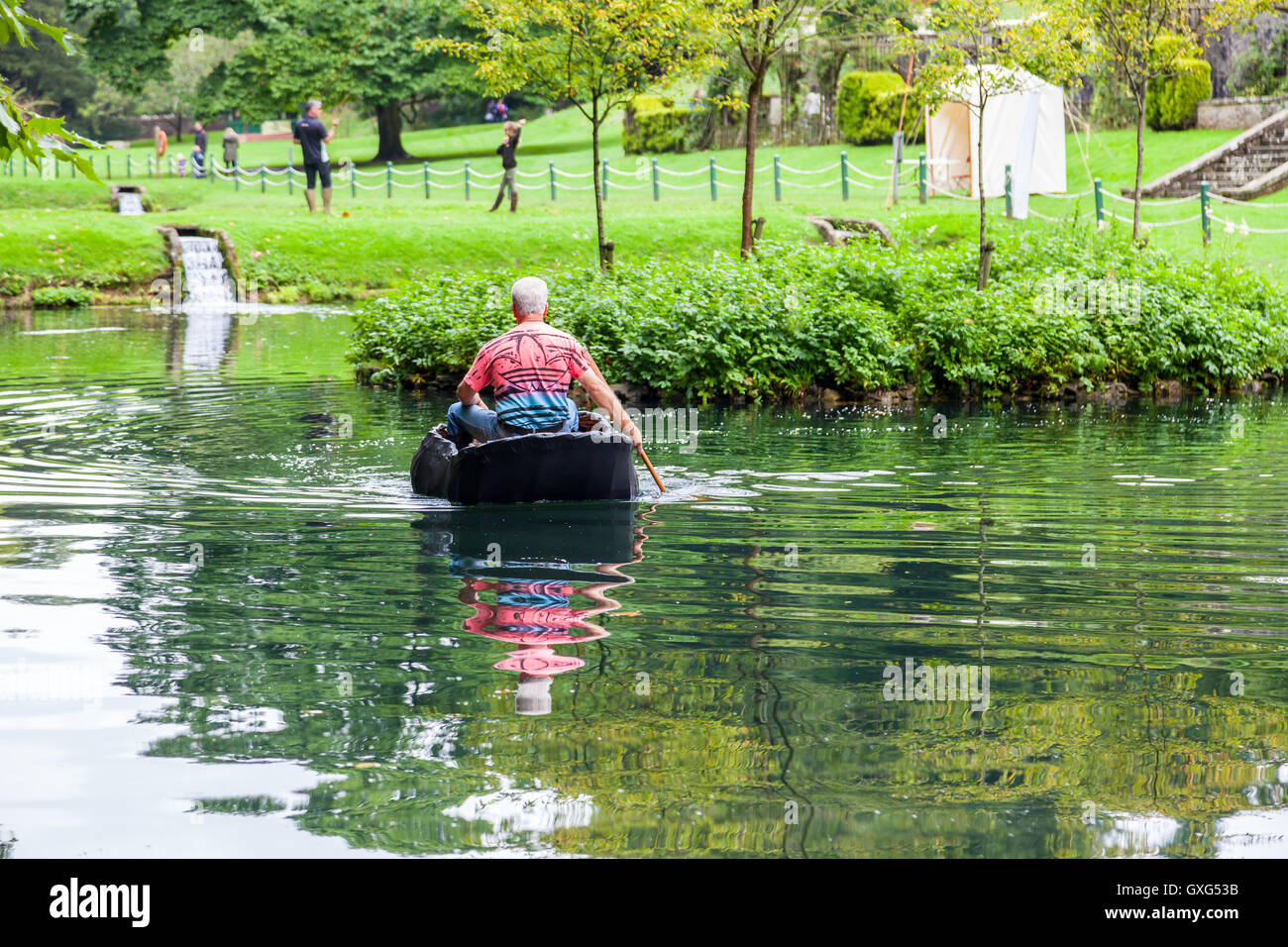 Man paddling a Welsh Coracle at St Fagans Museum, Cardiff, Wales Stock ...