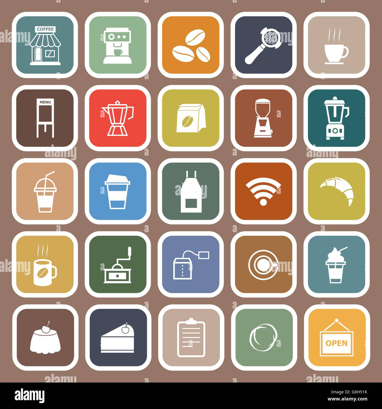 Coffee shop flat icons on brown background, stock vector Stock Vector ...
