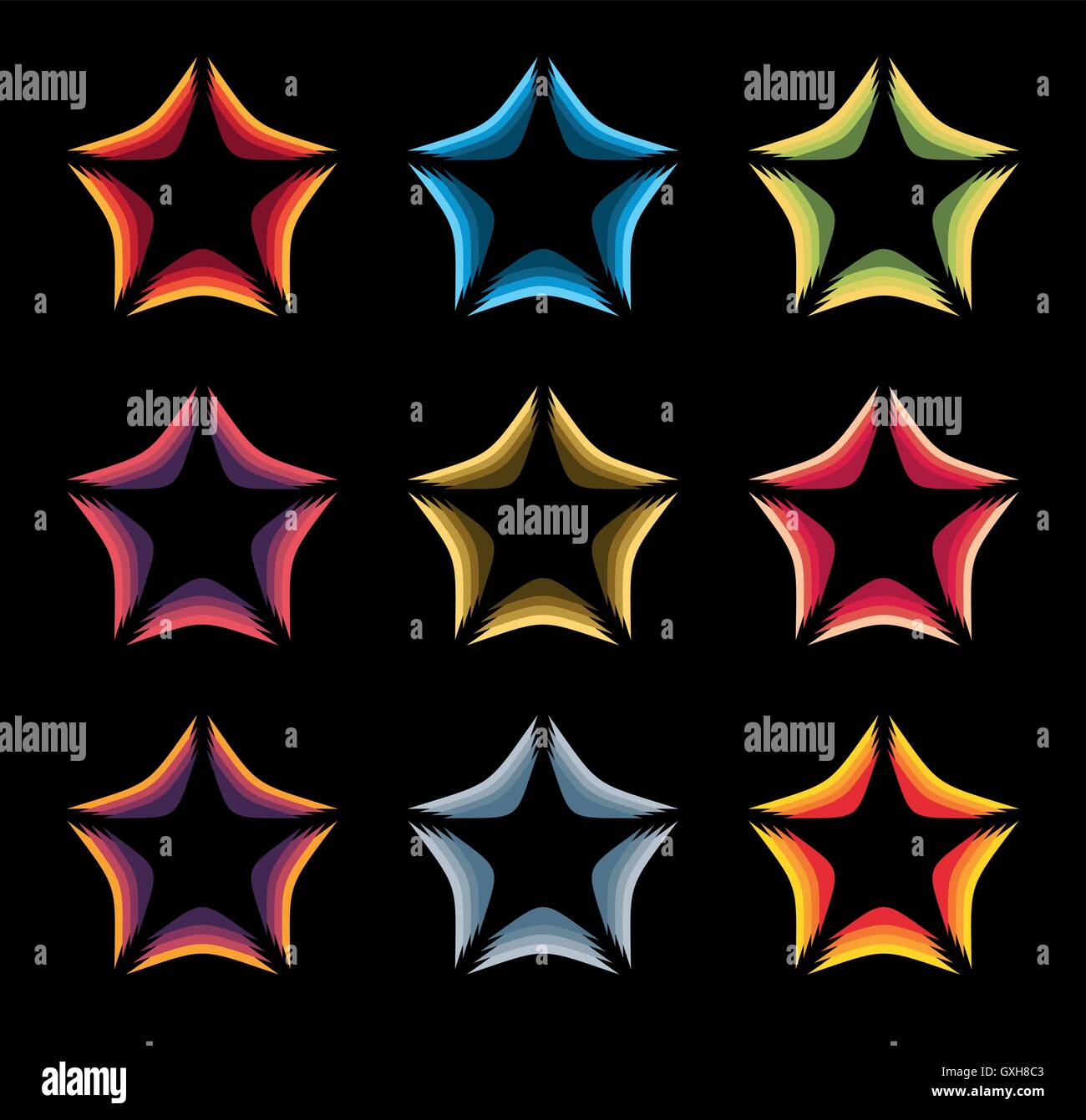 Isolated abstract colorful stars contour logo set on the black ...