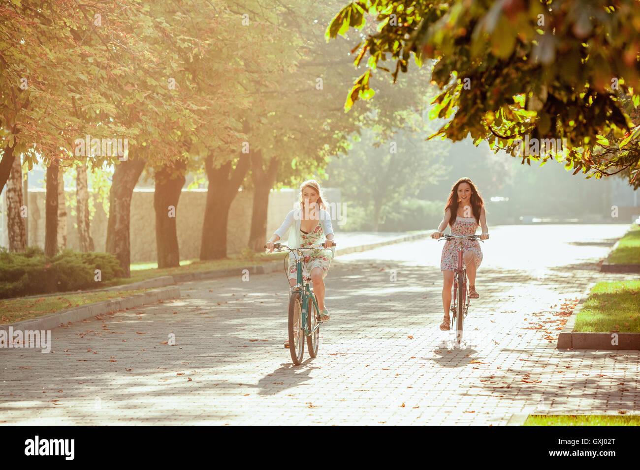 The two young girls with bicycles in park Stock Photo - Alamy