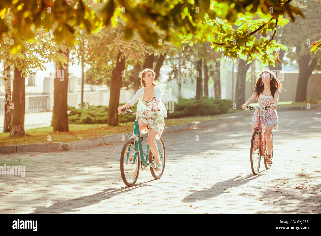 The two young girls with bicycles in park Stock Photo - Alamy