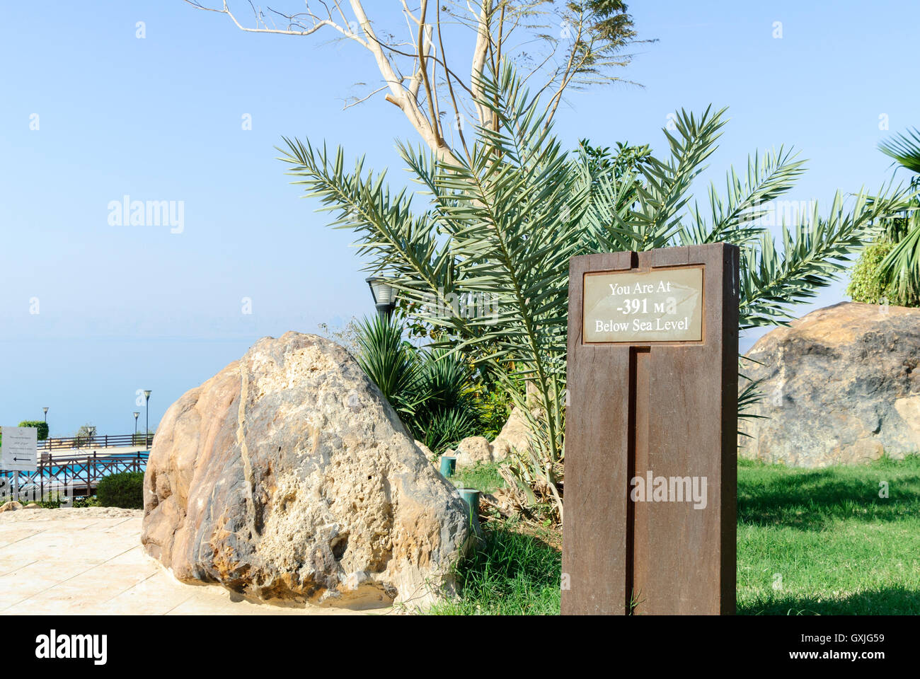Signpost at the Dead Sea in Jordan indicating -391 meters below sea ...