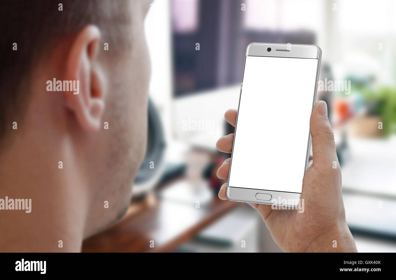 Man work on smartphone in room office interior. Isolated white display ...