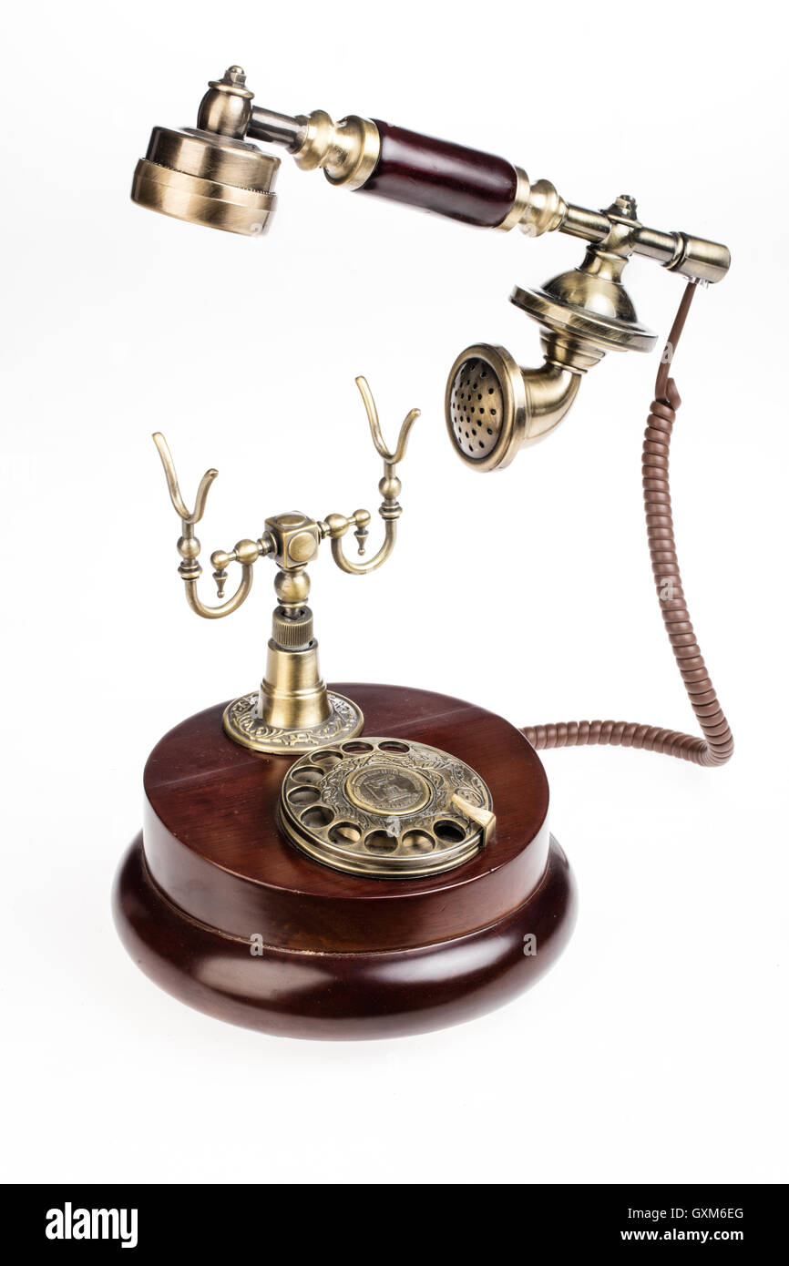 phone telephone old style vintage wood metal digits isolated studio ...
