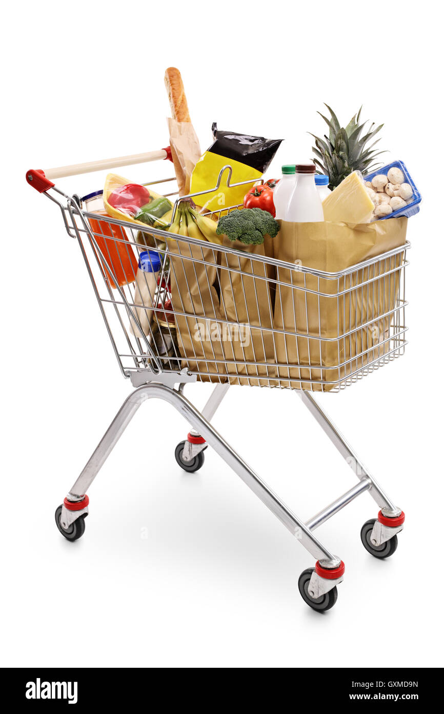 Shopping cart full of groceries isolated on white background Stock ...