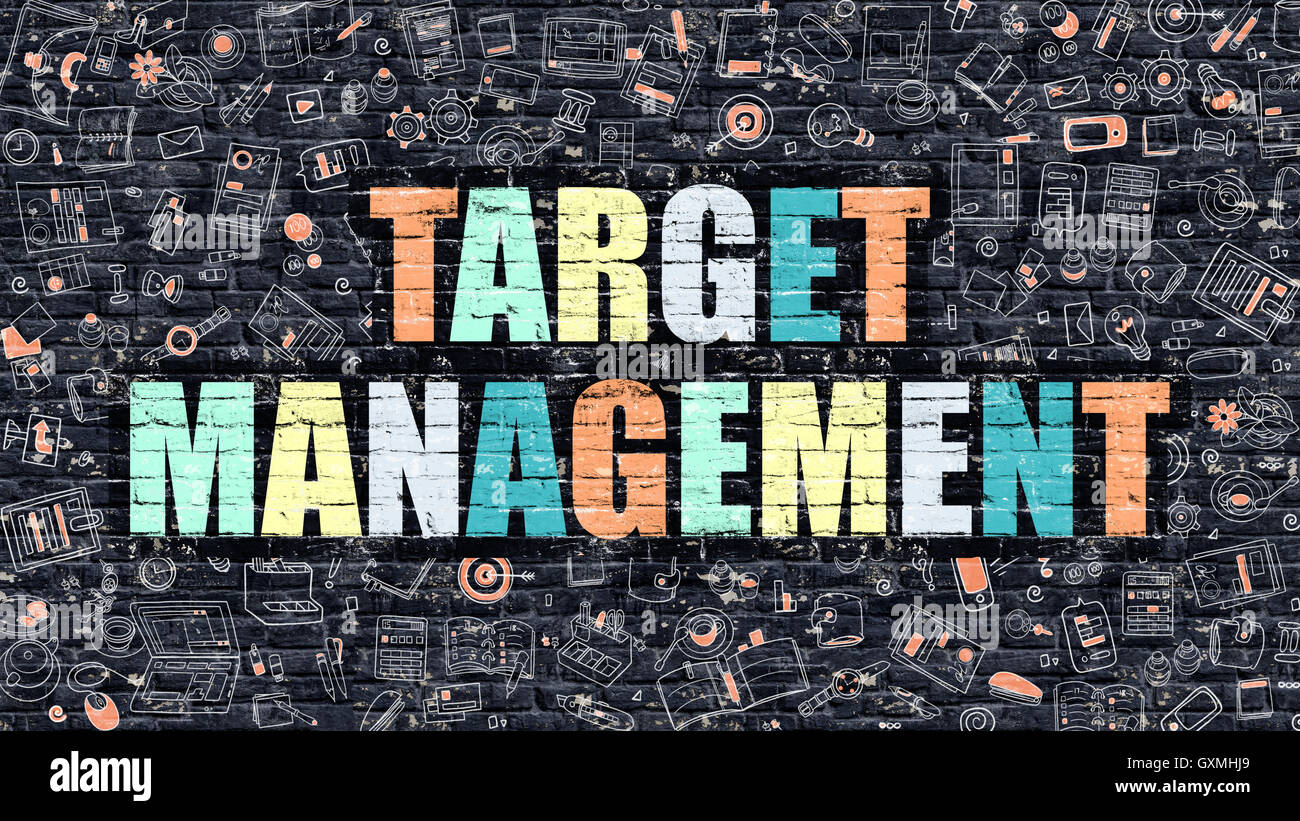 Multicolor Target Management on Dark Brickwall. Doodle Style Stock ...