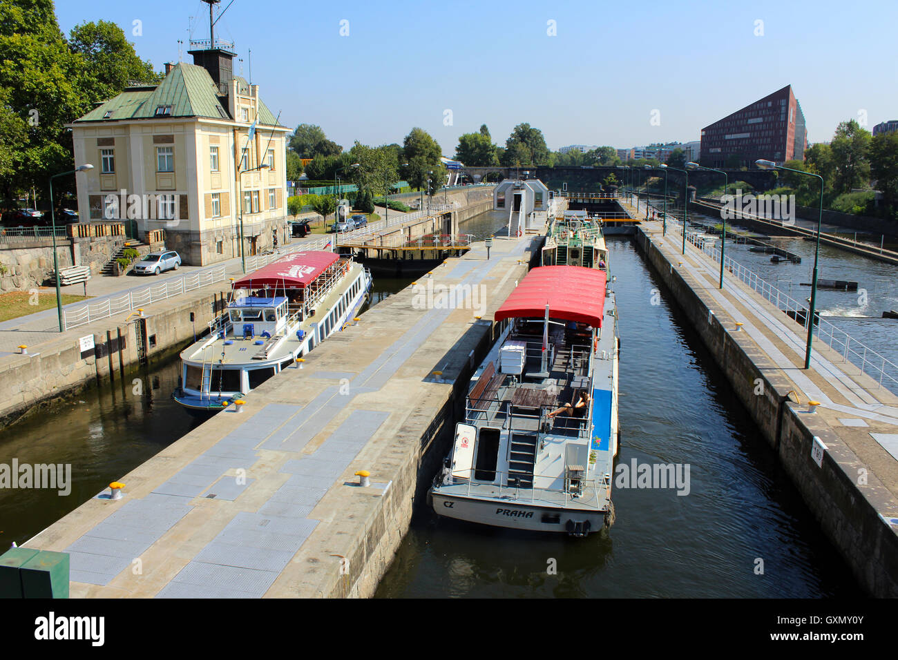 Prague, Vltava river, touristic boat, boats, lock Stvanice Stock Photo ...