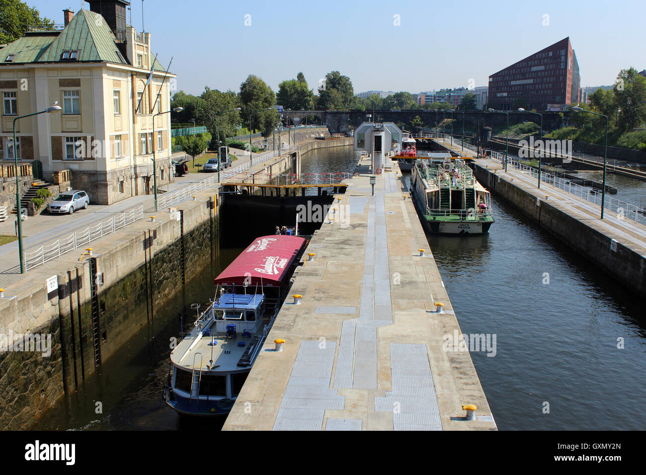 Prague, Vltava river, touristic boat, boats, lock Stvanice Stock Photo ...