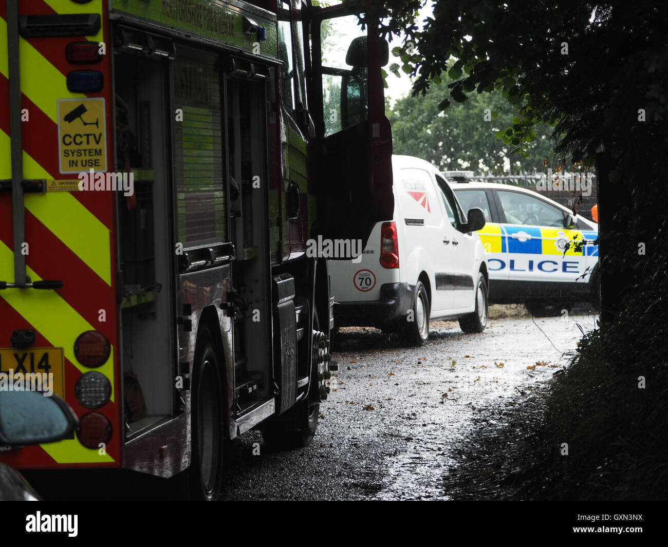 Parked rescue vehicles in Gypsy Lane, Hunton Bridge, near Watford ...