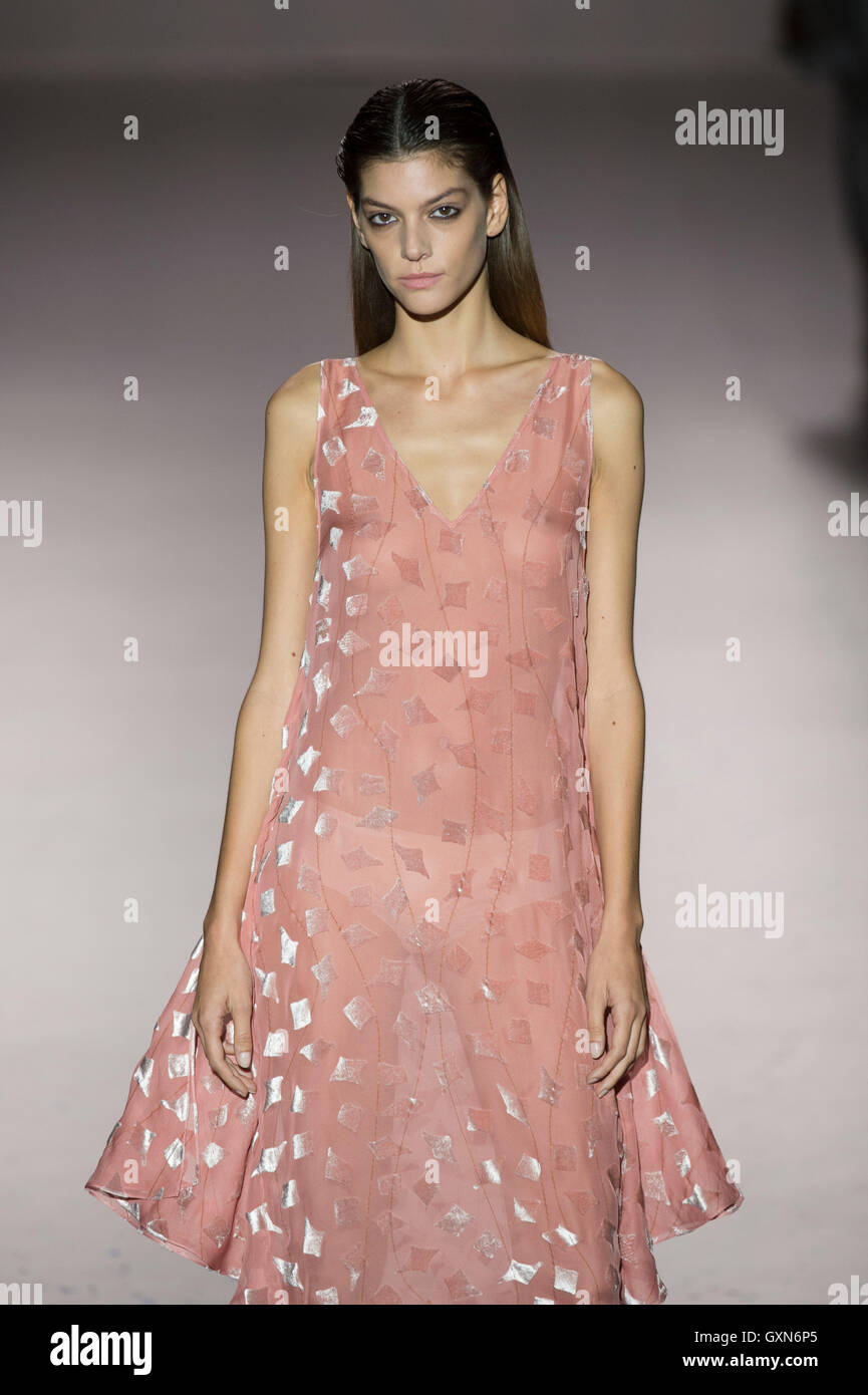 A model wears at collection runway a creation from Roberto Torretta ...