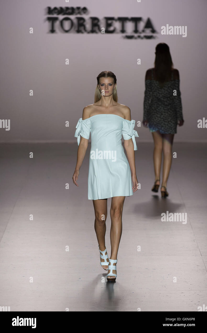 A model wears at collection runway a creation from Roberto Torretta ...