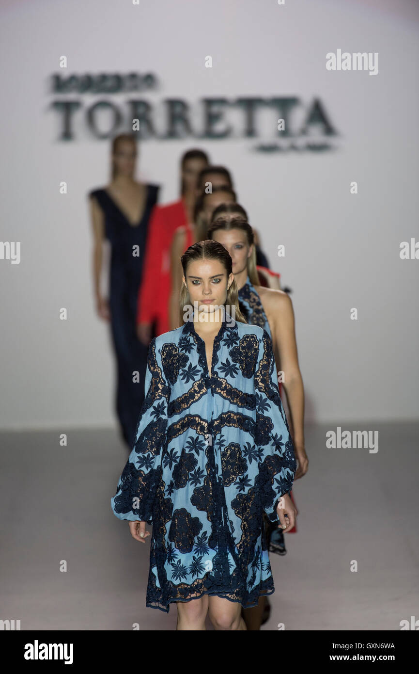 A model wears at collection runway a creation from Roberto Torretta ...