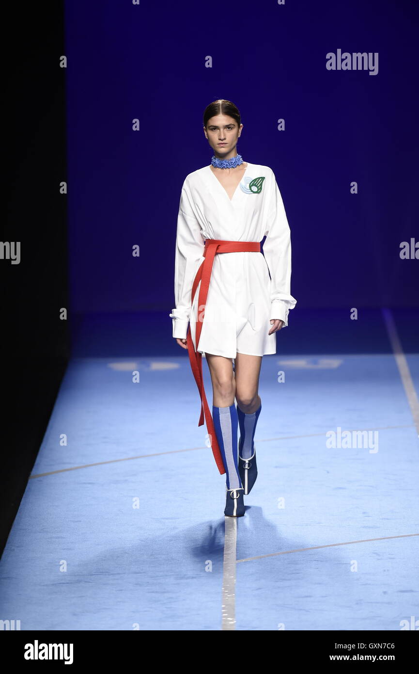 A model wears at collection runway a creation from Moises Nieto during ...