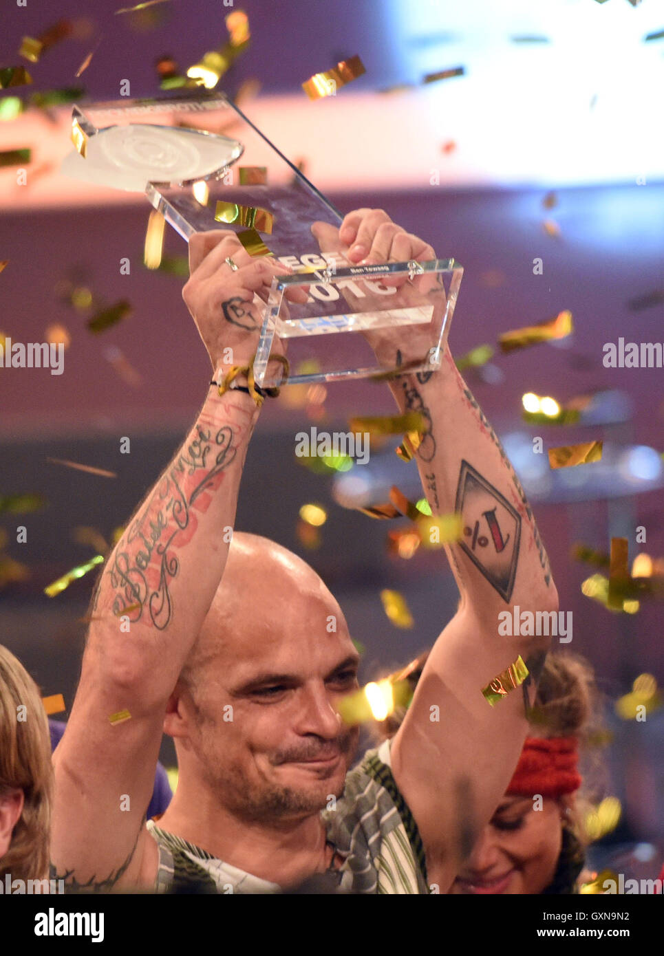 Cologne, Germany. 16th Sep, 2016. Actor Ben Tewaag celebrates winning ...
