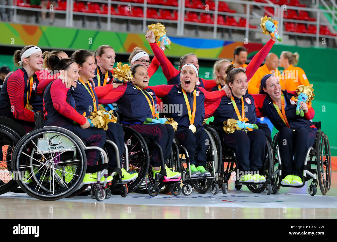 Rio de Janeiro, Brazil. 16th Sep, 2016. The US team celebrates their ...
